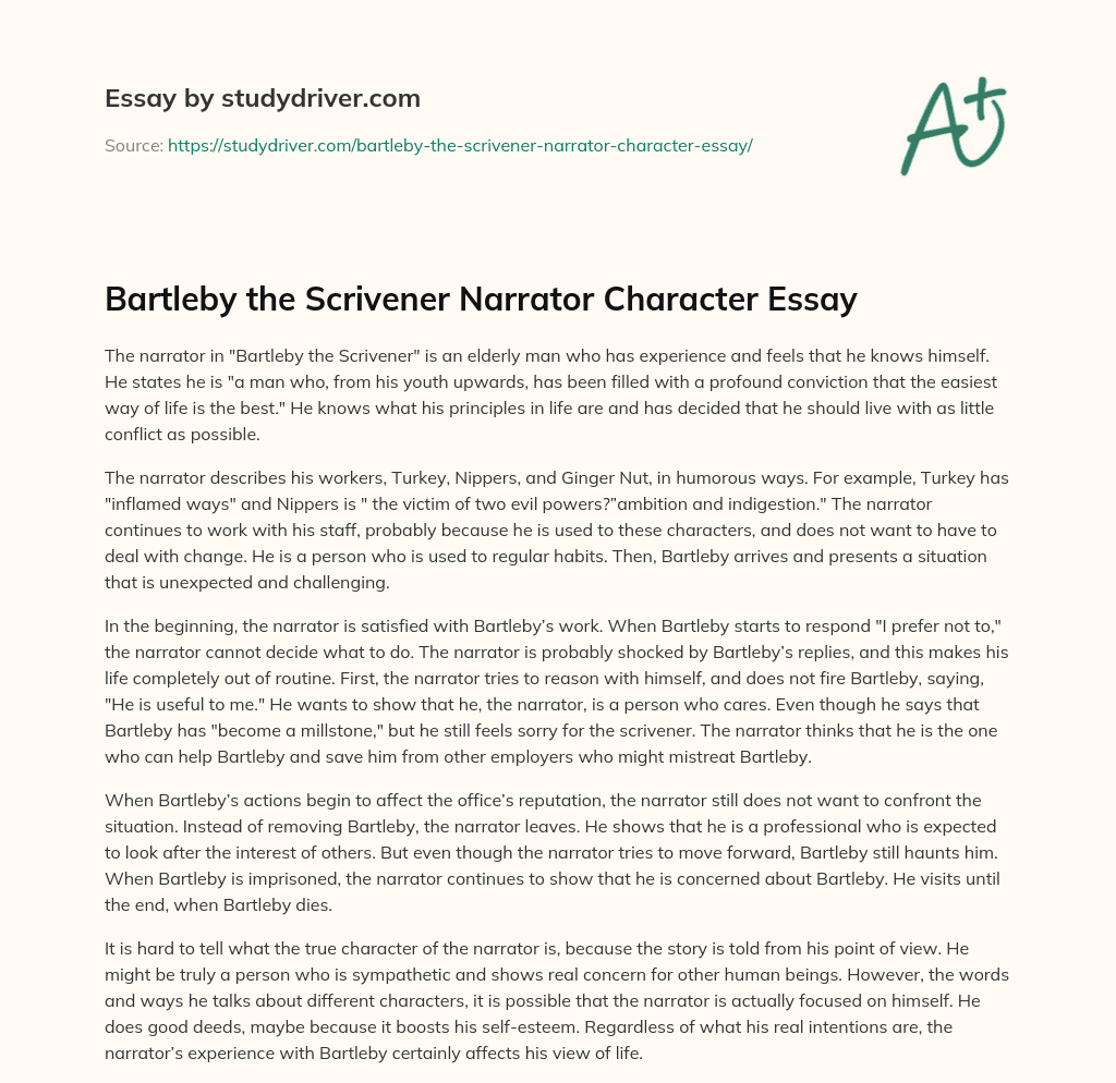 Bartleby The Scrivener Narrator Character Essay Free Essay Example