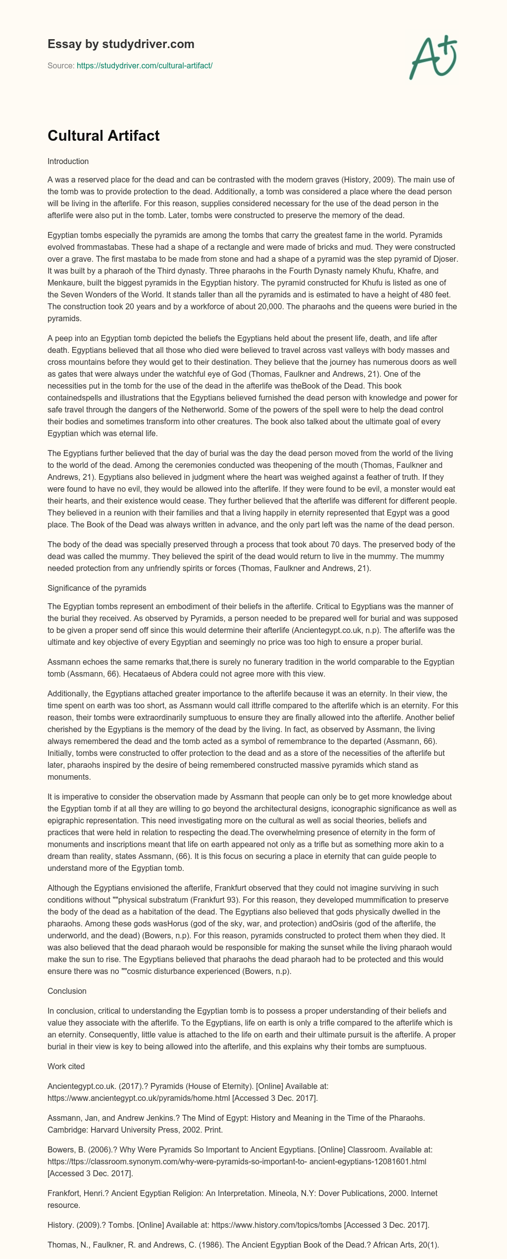 Cultural Artifact Free Essay Example StudyDriver