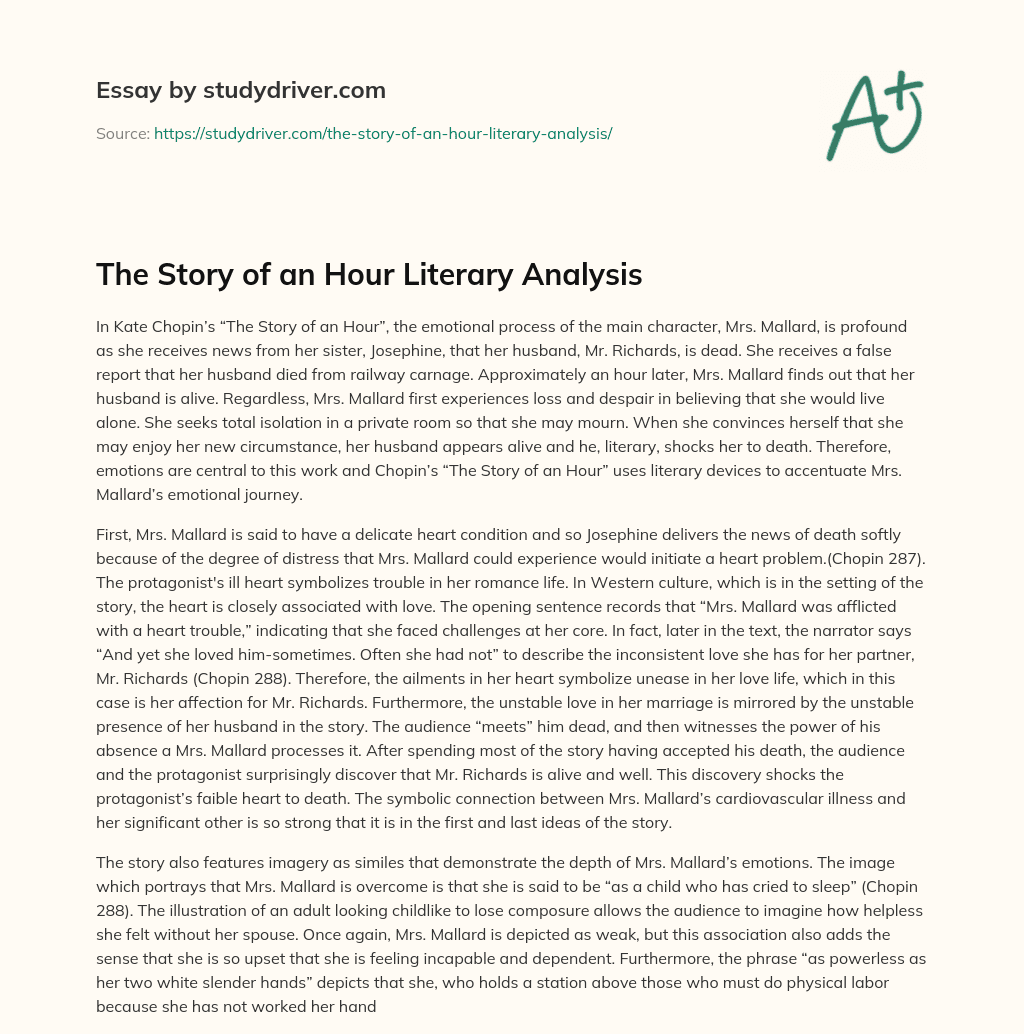 The Story Of An Hour Literary Analysis Free Essay Example