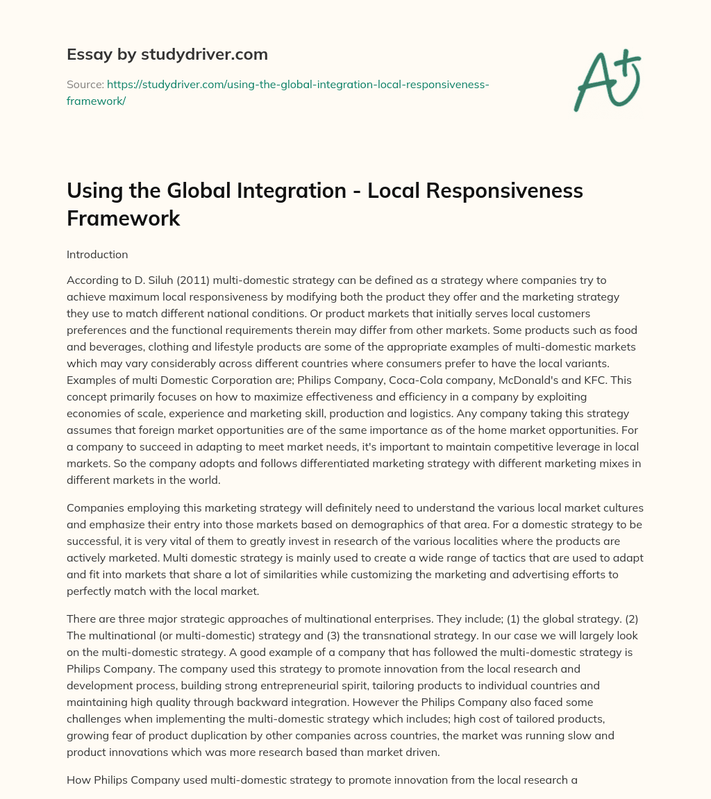 Using the Global Integration - Local Responsiveness Framework - Free ... Using the Global Integration - Local Responsiveness Framework - Free ...